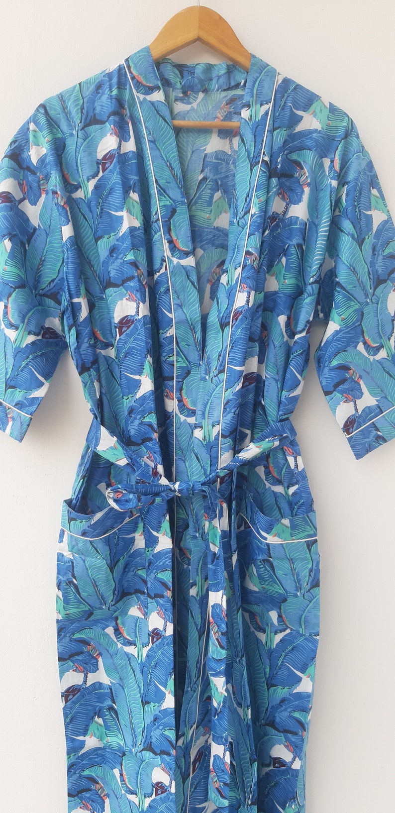 Royal Blue Leaf Print Cotton Kimono Robe, Floral Bathrobe - Etsy