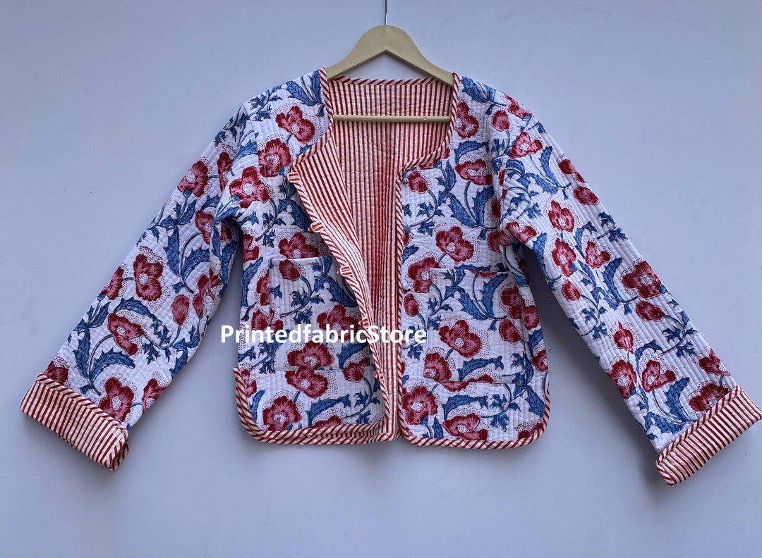 Floral Print Cotton Quilted Jacket Button Closer Jacket for Women Gifts ...