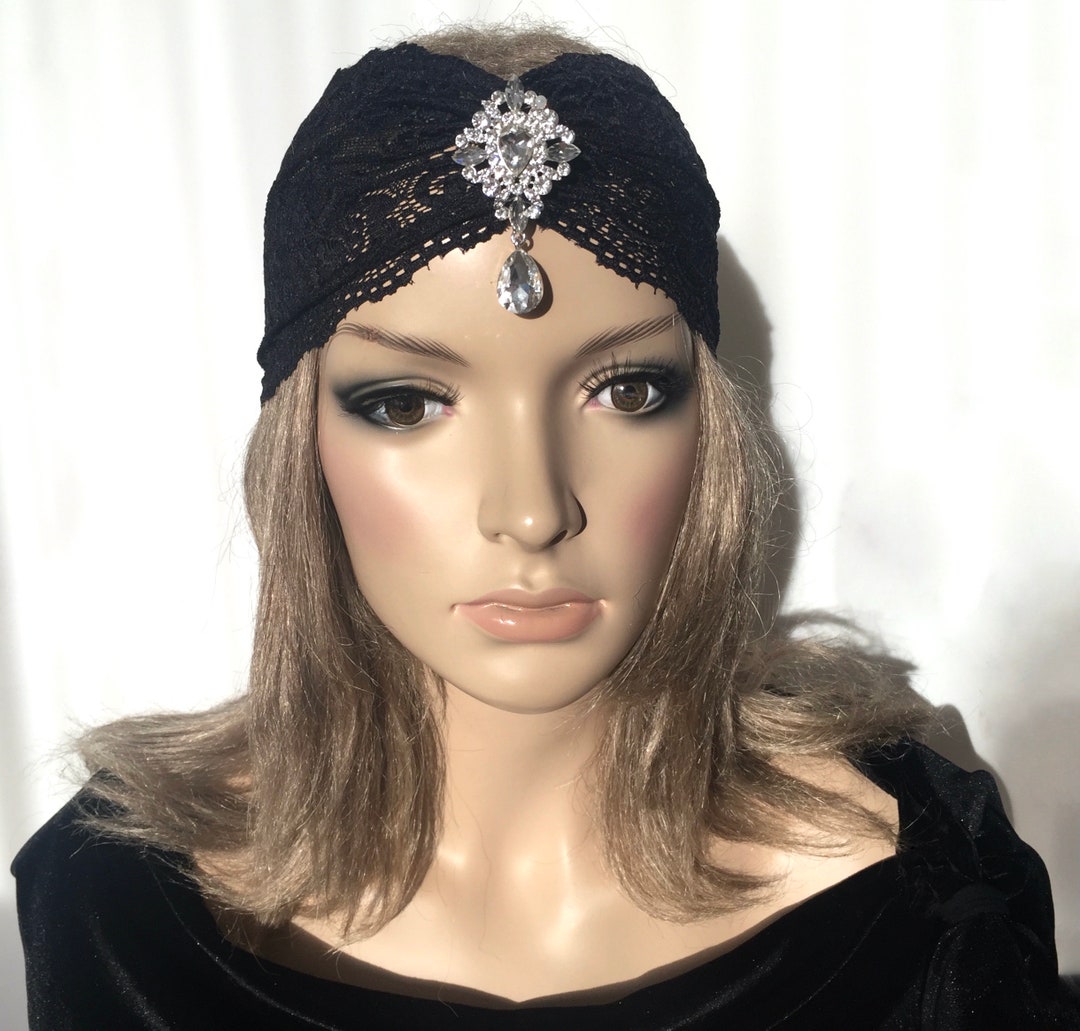 Hairband 20s Headband Lace Turban With Pendant Crystal Brooch - Etsy