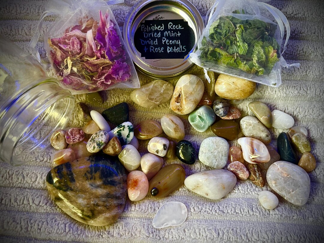 Polished Rock Crystals, Dried Herbs, Dried Rose Petals, Spell Bottle ...