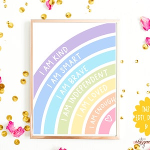 Affirmations for Kids, Rainbow Affirmations Print, I Am Kind Smart ...