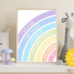 Affirmations for Kids, Rainbow Affirmations Print, I Am Kind Smart ...