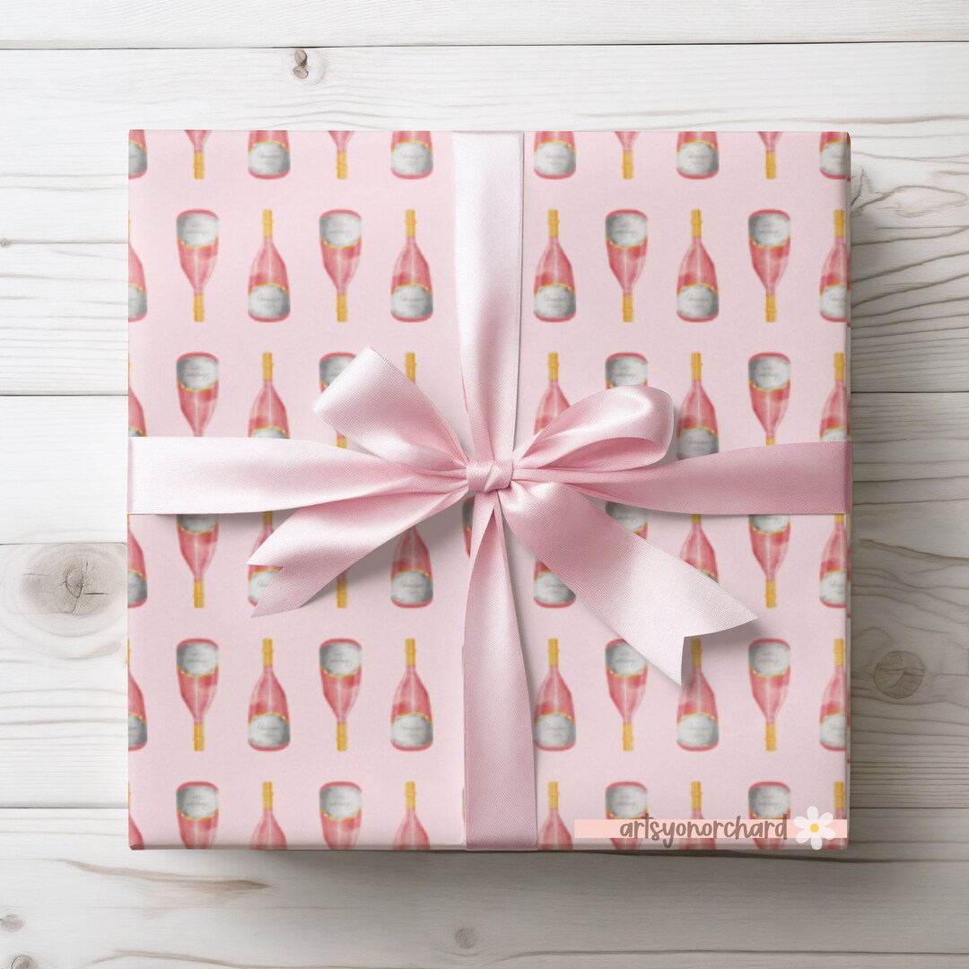 Rosé Champagne Gift Wrap, Summer Champagne Wrapping Paper, Watercolor ...