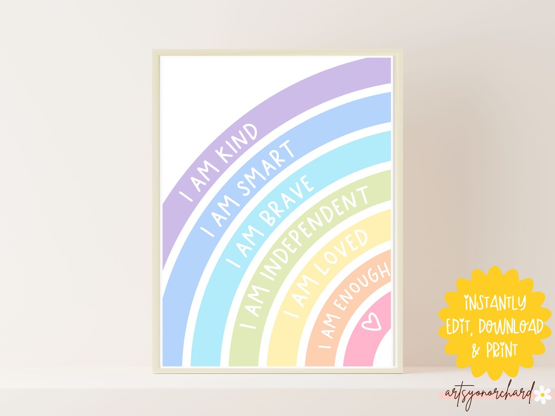 Affirmations for Kids, Rainbow Affirmations Print, I Am Kind Smart ...