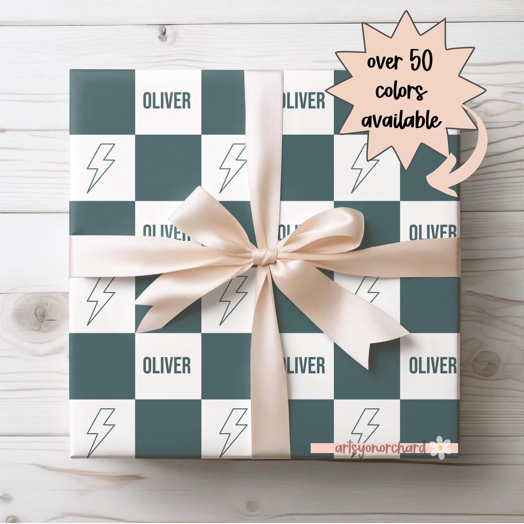 Checkered Lightning Bolt Boy Personalized Wrapping Paper, Custom ...