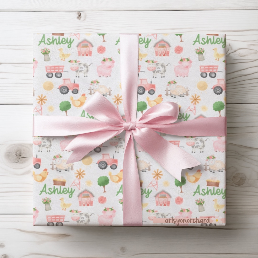 Personalized Baby Girl Farm Gift Wrap, Custom Girl Farm Baby Gift, Pink ...