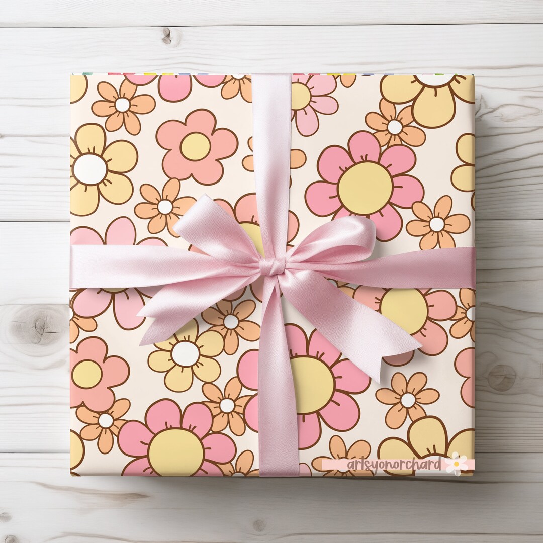 Pink Orange Yellow Retro Daisy Wrapping Paper, Boho Groovy Party Gift ...