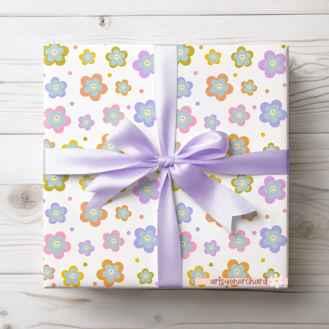 Cute Retro Smiley Daisy Flowers Gift Wrap, Daisy Gift Wrap, Retro ...