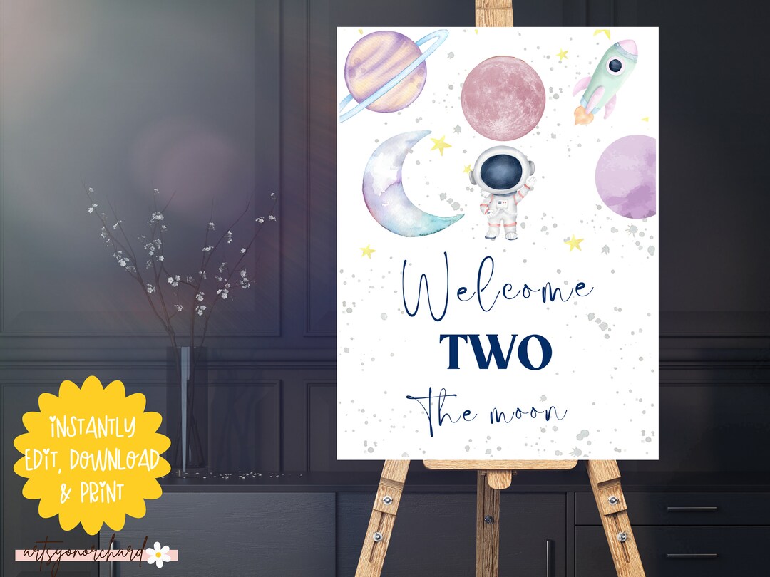 EDITABLE Two the Moon Welcome Sign Space Birthday Personalized Sign ...
