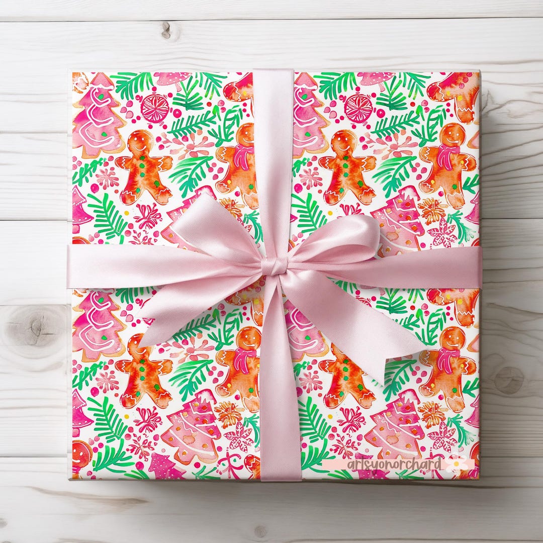 Preppy Pink Gingerbread Wrapping Paper Retro Holiday Gift Wrap Custom ...