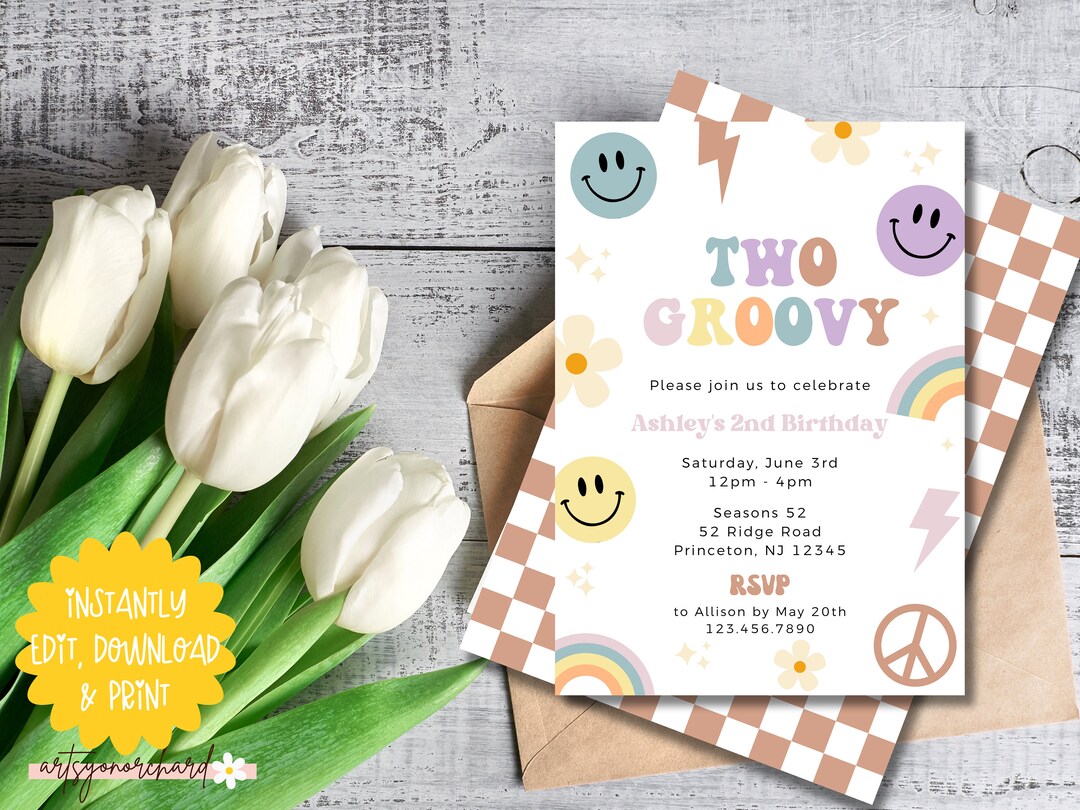 Editable Two Groovy Birthday Invitation, Retro Daisy Floral Invite ...