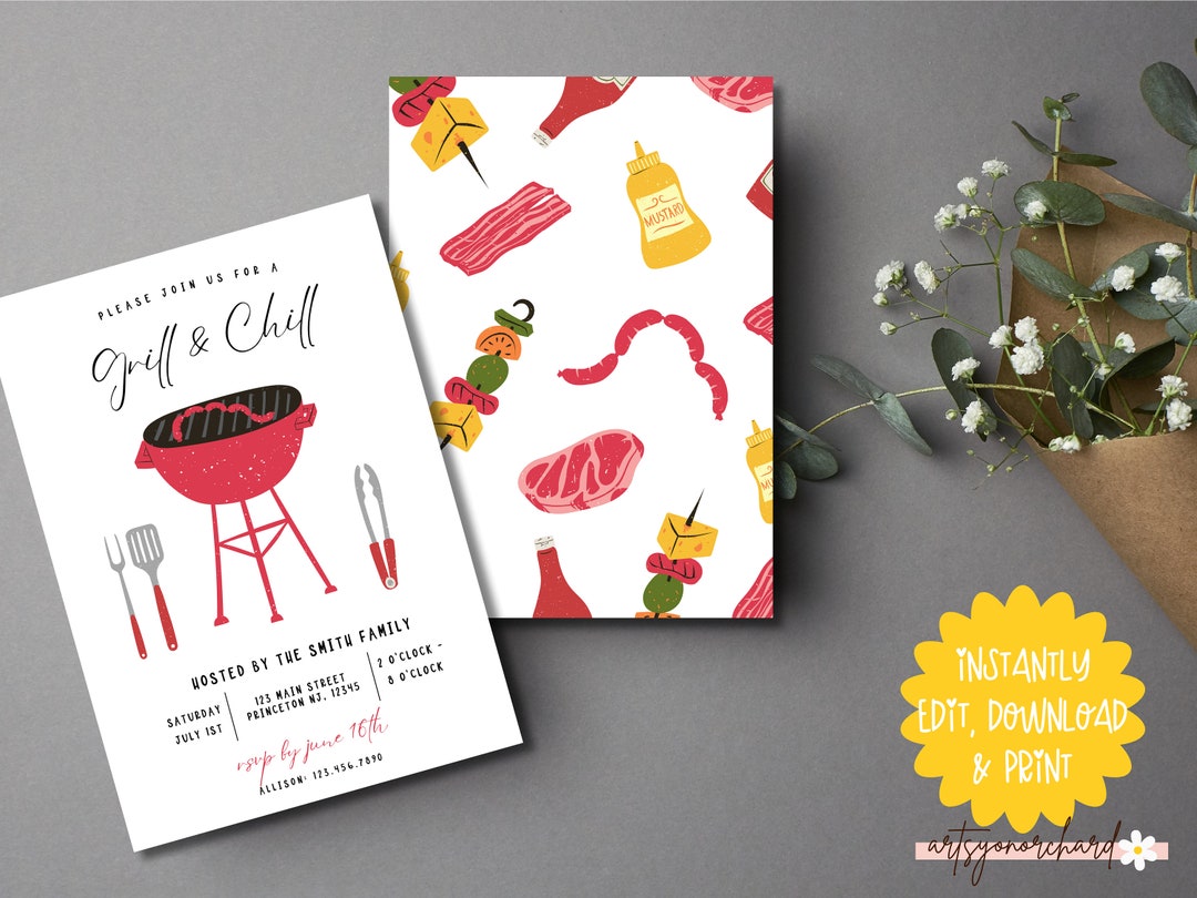 Grill and Chill Invite, BBQ Cookout Party Invitation, Backyard BBQ ...