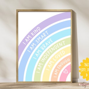 Affirmations for Kids, Rainbow Affirmations Print, I Am Kind Smart ...