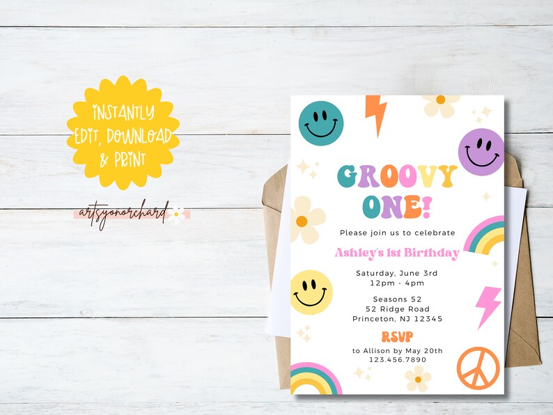 Editable Groovy One First Birthday Invitation, Retro Daisy Floral ...