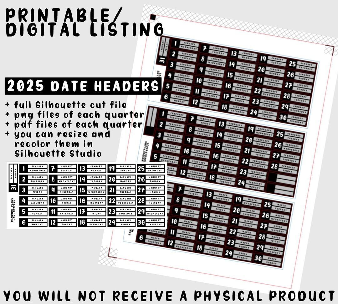2025 Date Headers - Digital Sticker Set - Etsy