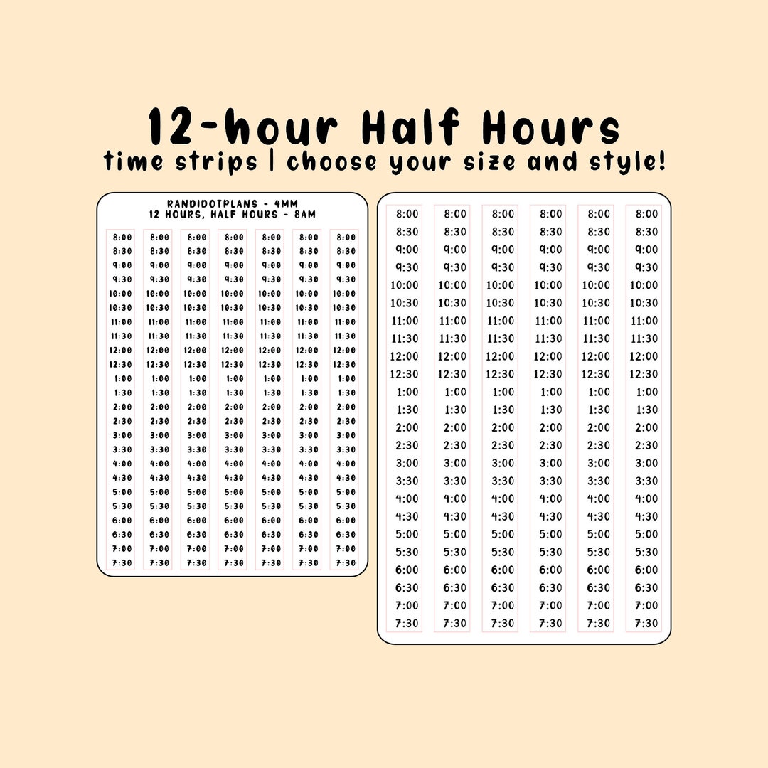 12h Half Hours - Time Strip Stickers - Etsy