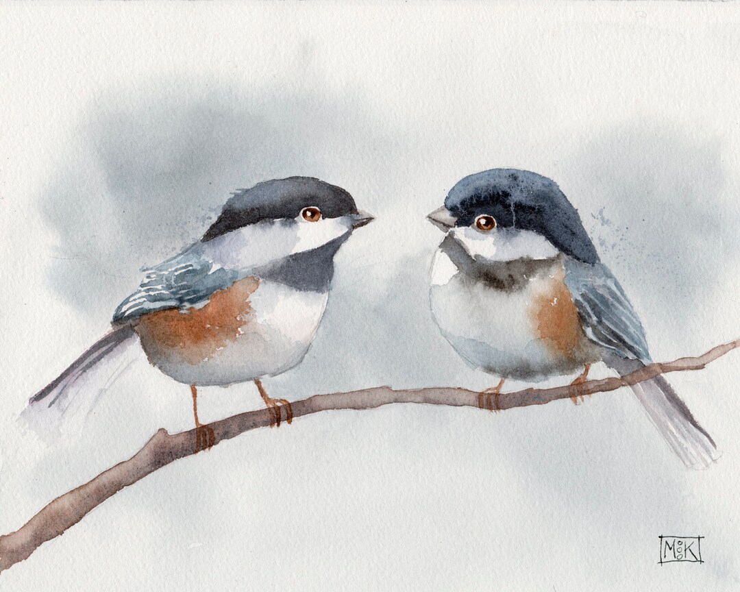 Two Chickadees on a Branch Cute Christmas Art Print, Bird Print. - Etsy