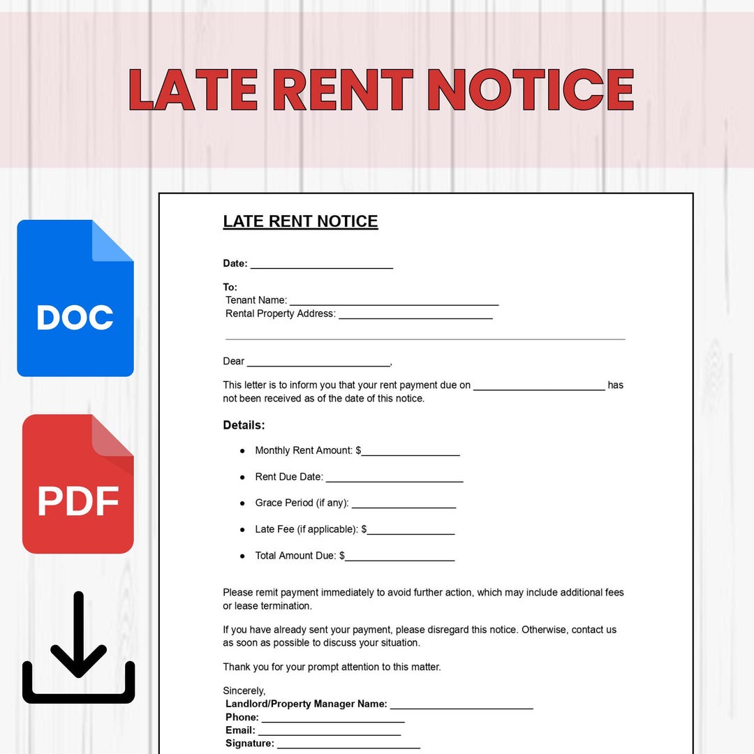 Late Rent Notice Template | Rent Payment Reminder | Editable PDF, Word ...