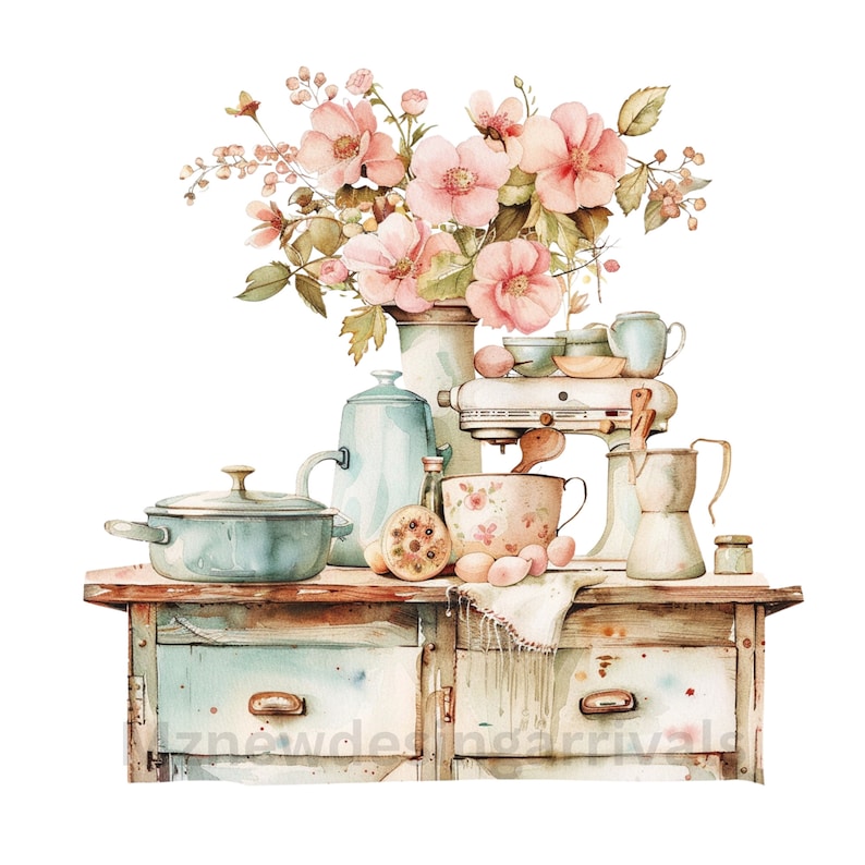 12 Vintage Floral Kitchen Clipart, Shabby Chic, Printable Watercolor ...