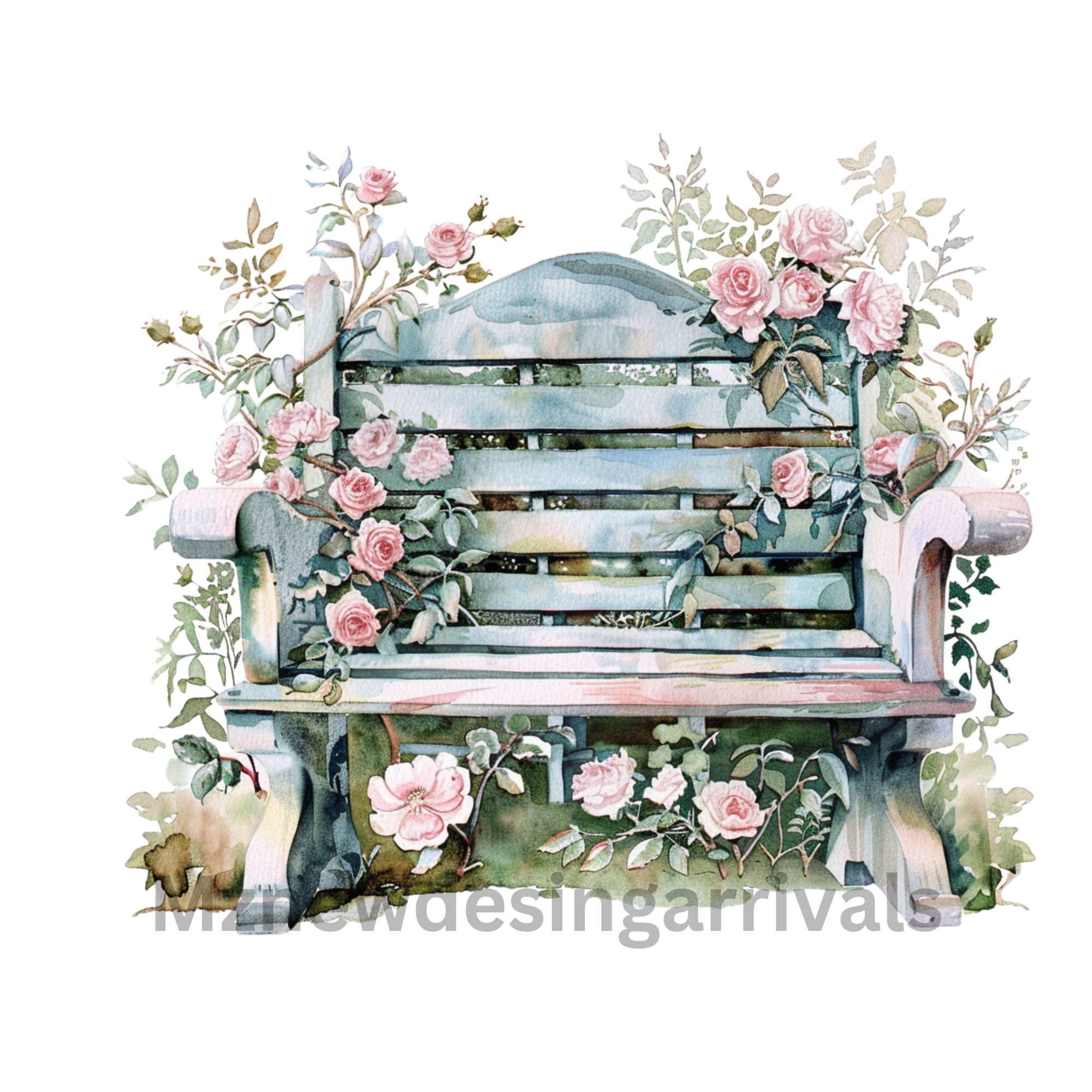 15 Vintage Floral Bench Clipart, Garden Bench, Printable Watercolor ...