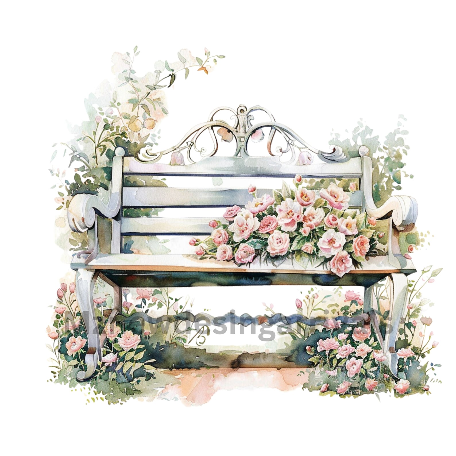 15 Vintage Floral Bench Clipart, Garden Bench, Printable Watercolor ...