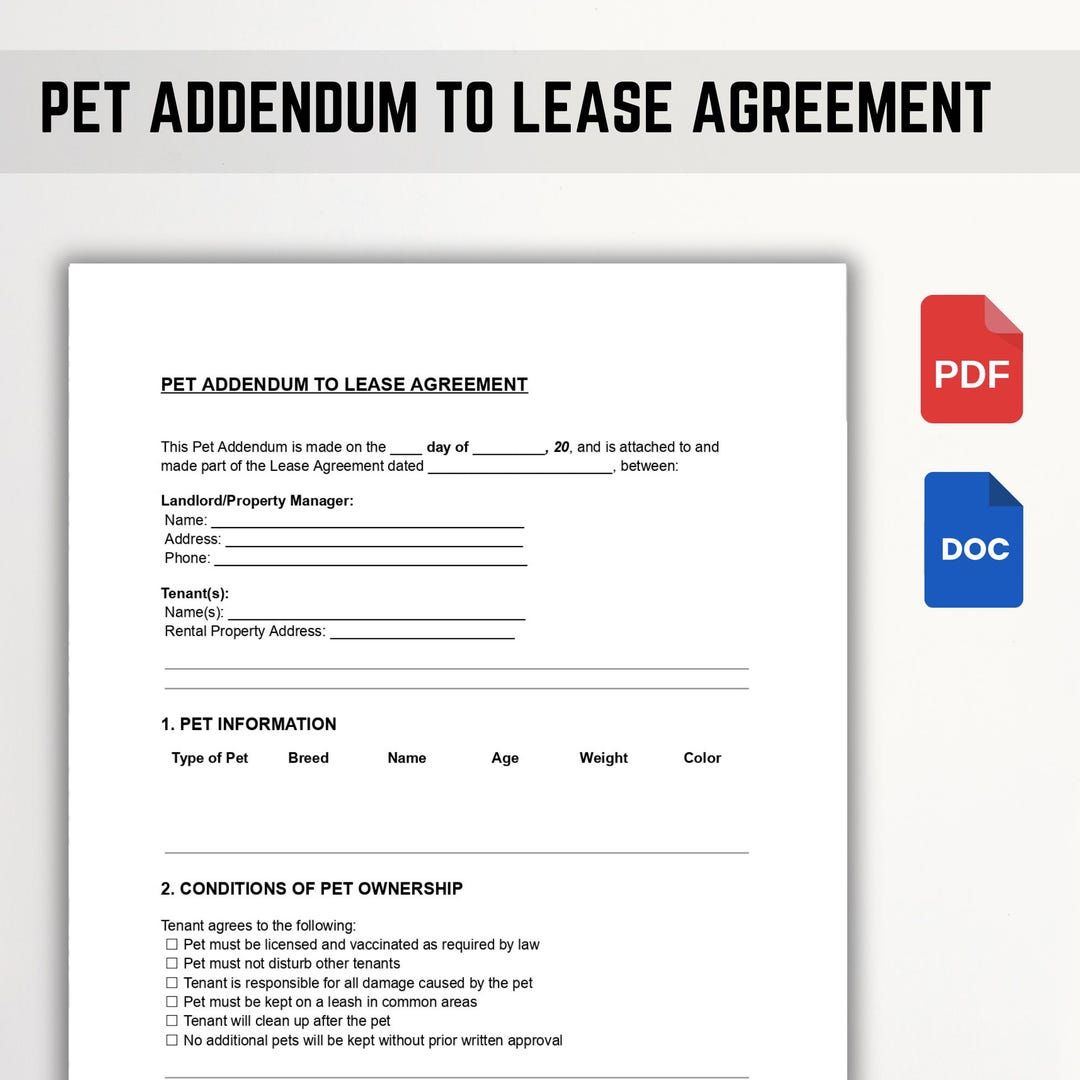 Pet Addendum to Lease Agreement | Rental Pet Policy Form | Editable PDF ...