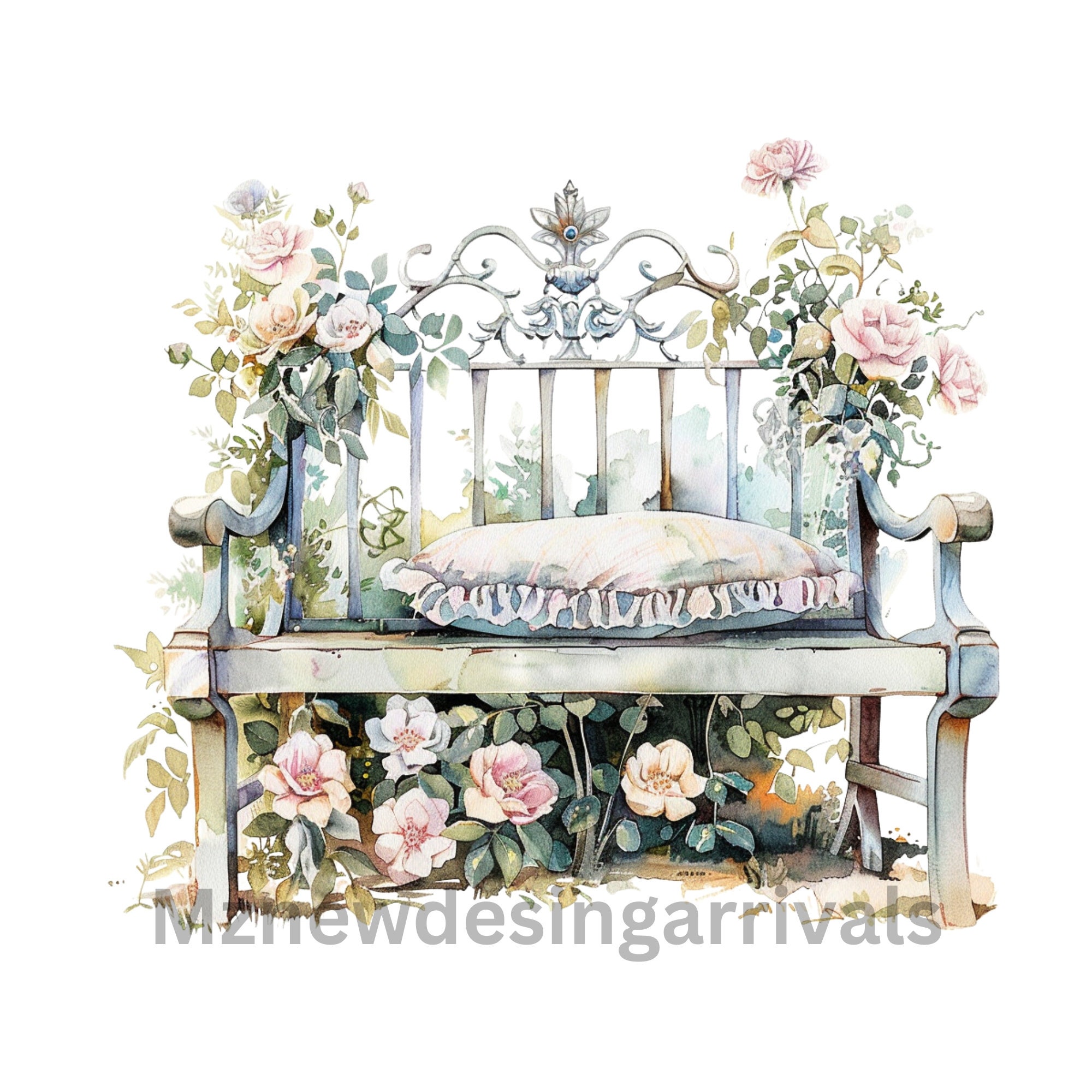 15 Vintage Floral Bench Clipart, Garden Bench, Printable Watercolor ...
