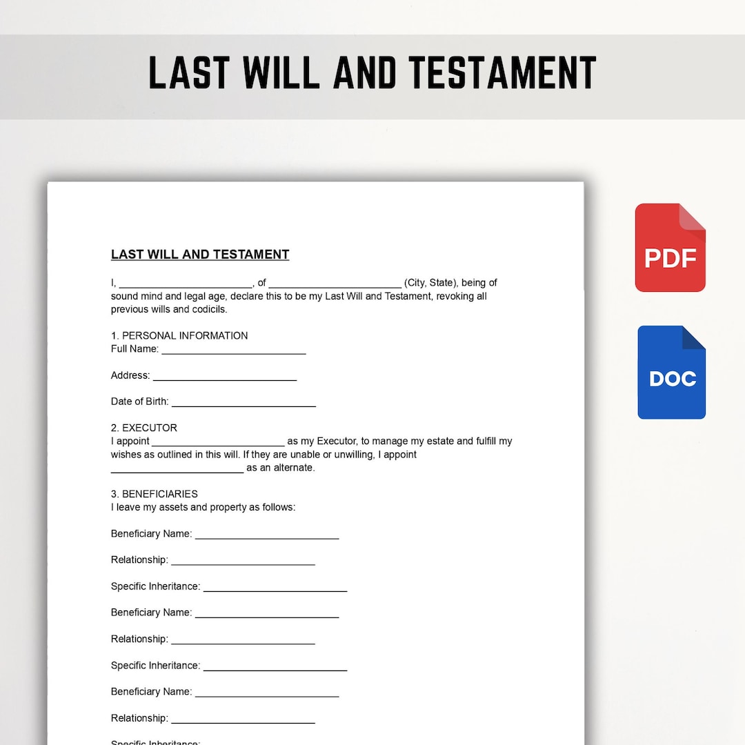 Last Will and Testament Template | Printable & Fillable Legal Will Form ...
