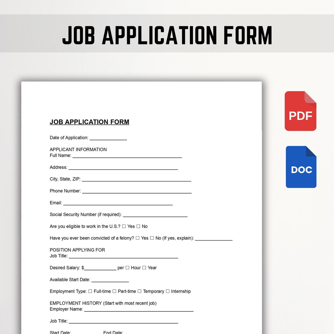 Editable Job Application Form Template (PDF, DOCX, Google Docs) - Etsy