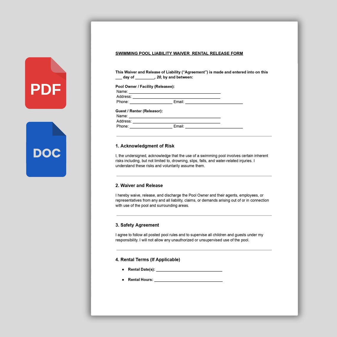 Swimming Pool Liability Waiver Template: Editable DOC & PDF Form - Etsy