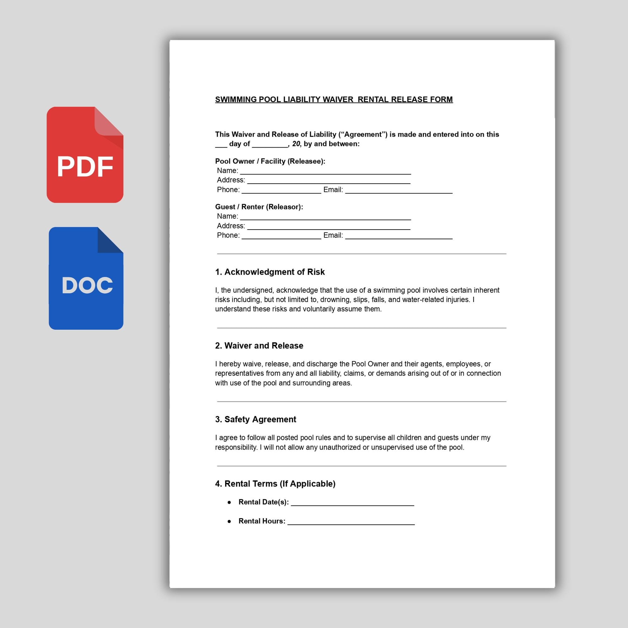 Swimming Pool Liability Waiver Template: Editable DOC & PDF Form - Etsy