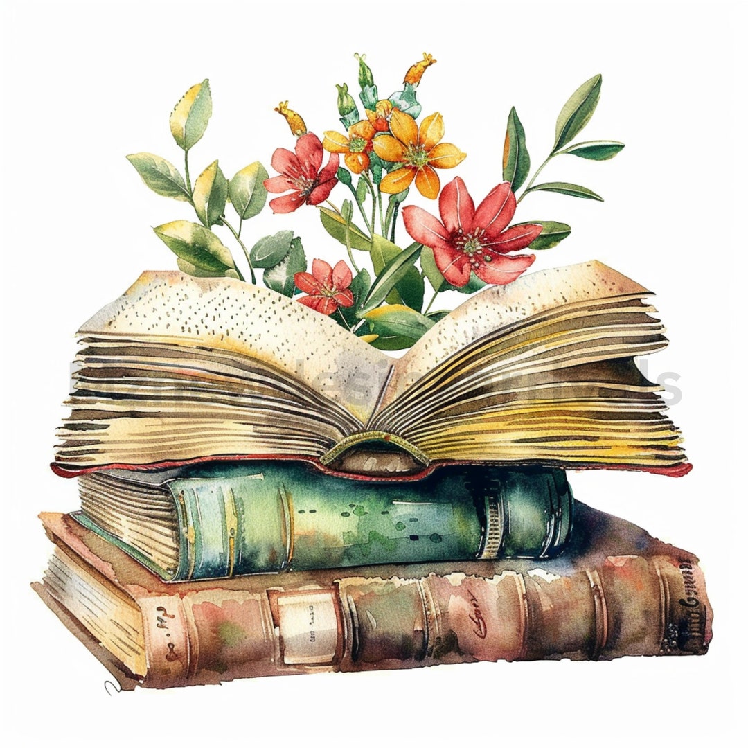 Floral Book Clipart, Vintage Book Clipart, Printable Watercolor Clipart ...