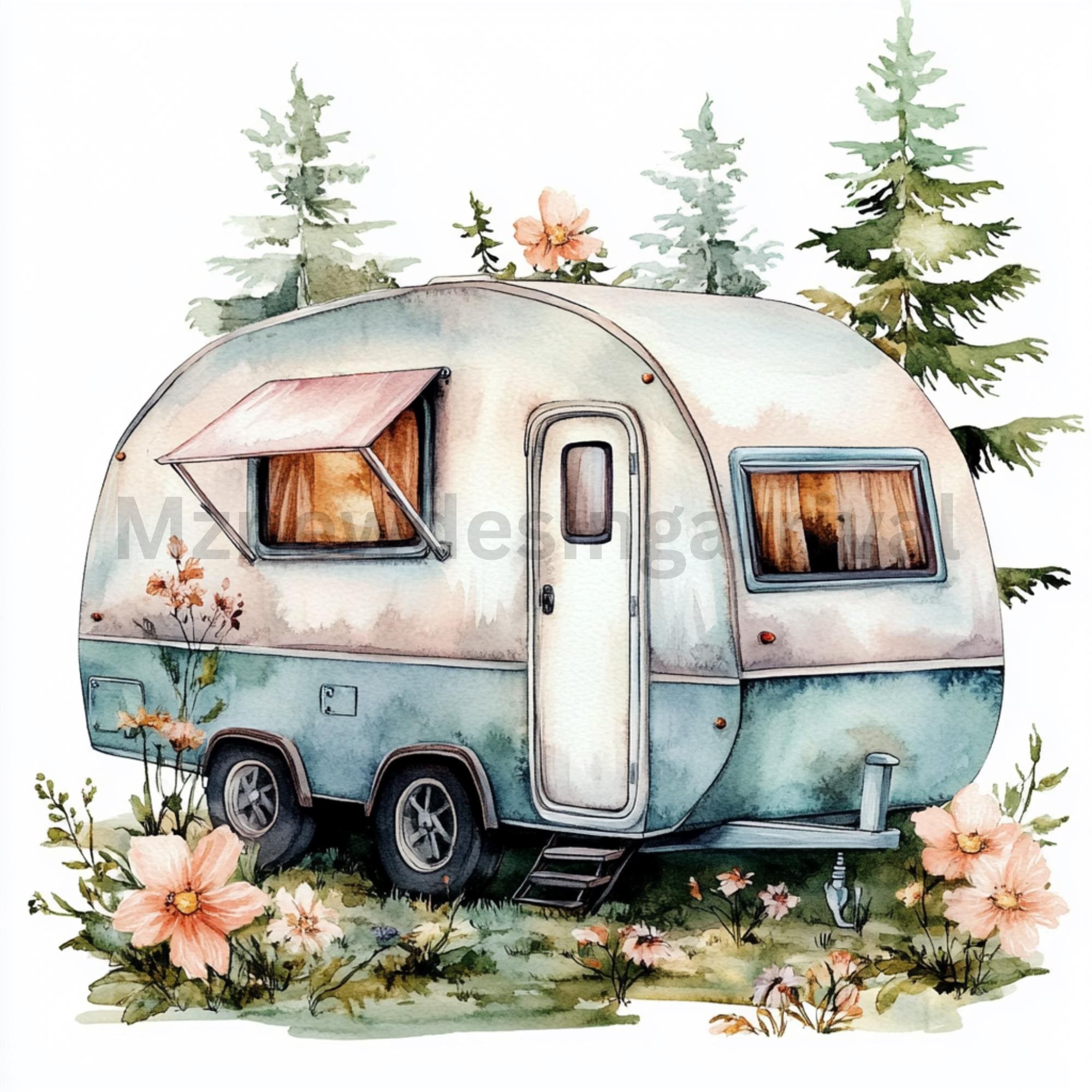 Camping Trailer Clipart Watercolor | Retro Camper PNG | Adventure ...