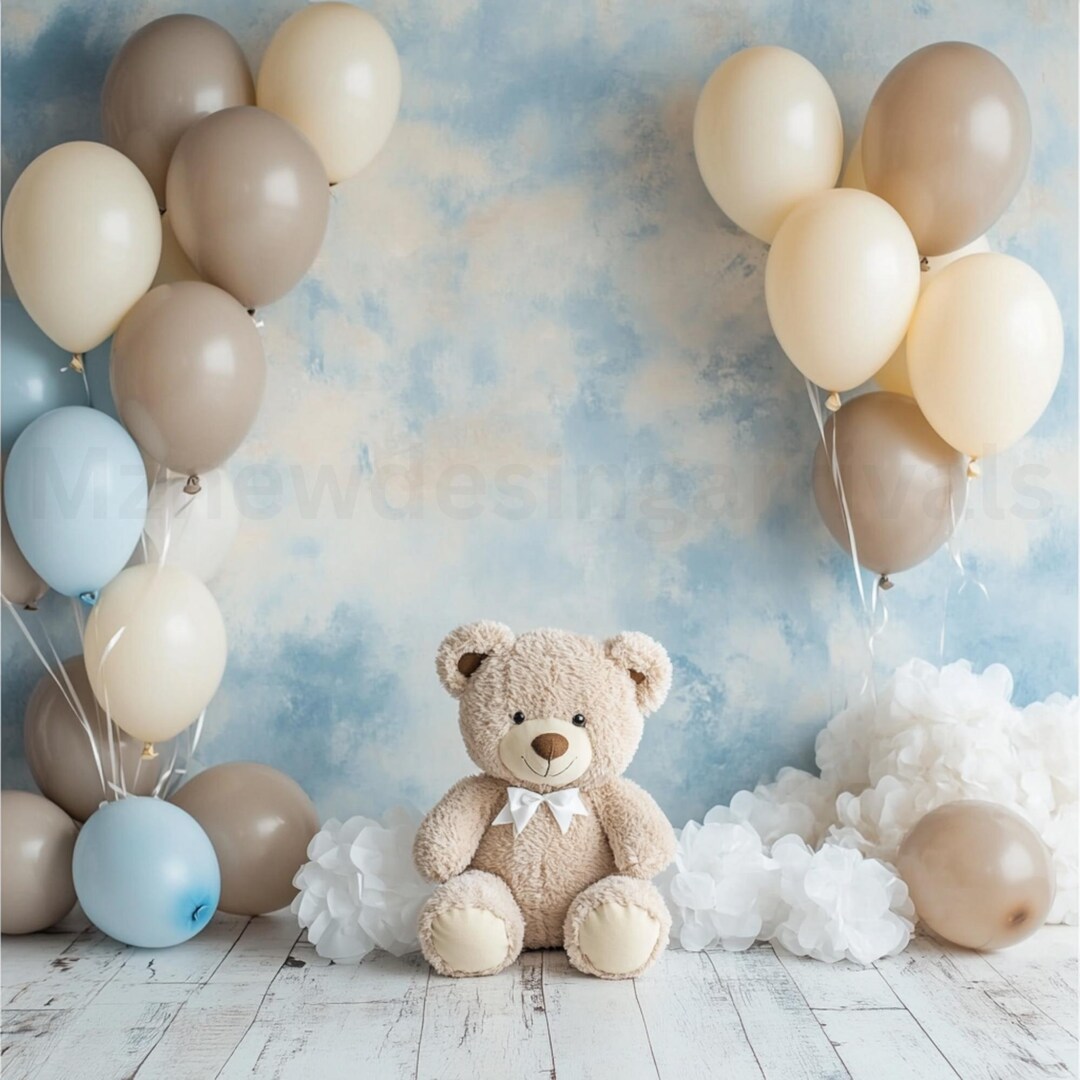 Bear Baby Shower Backdrop Printable 4 JPEG Template Blue Bear Balloon ...
