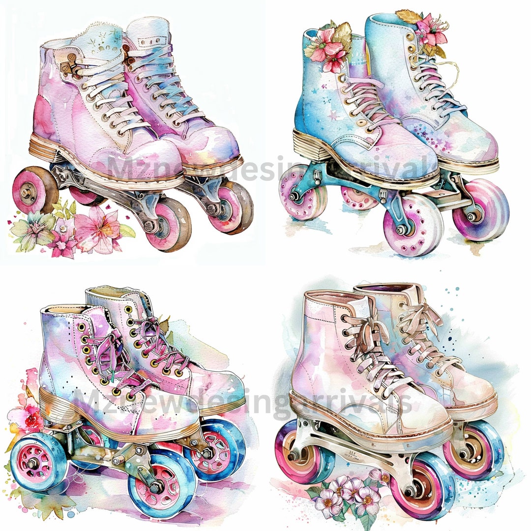 4 Floral Roller Skates Clipart, Shabby Chic, Printable Watercolor ...