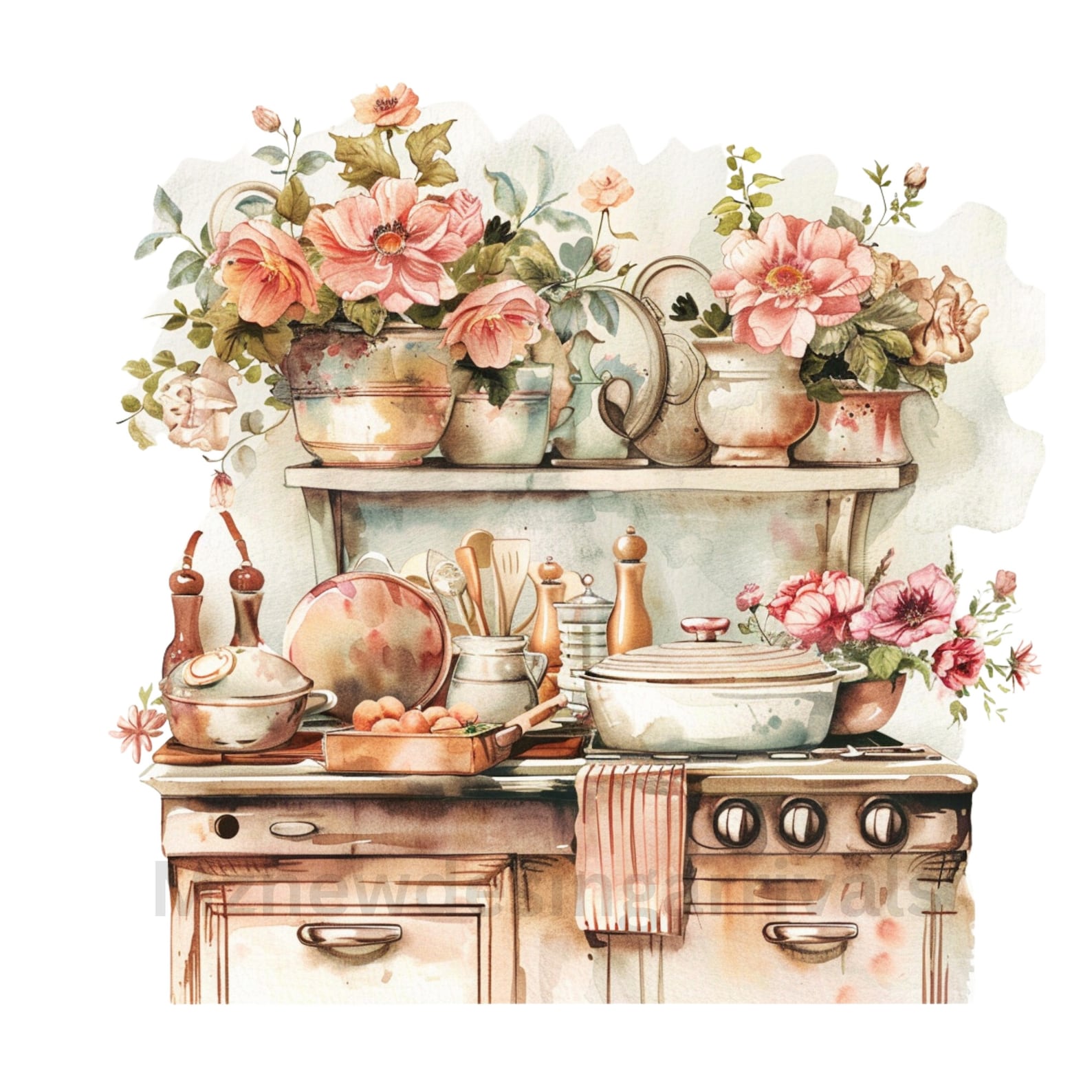 12 Vintage Floral Kitchen Clipart, Shabby Chic, Printable Watercolor ...