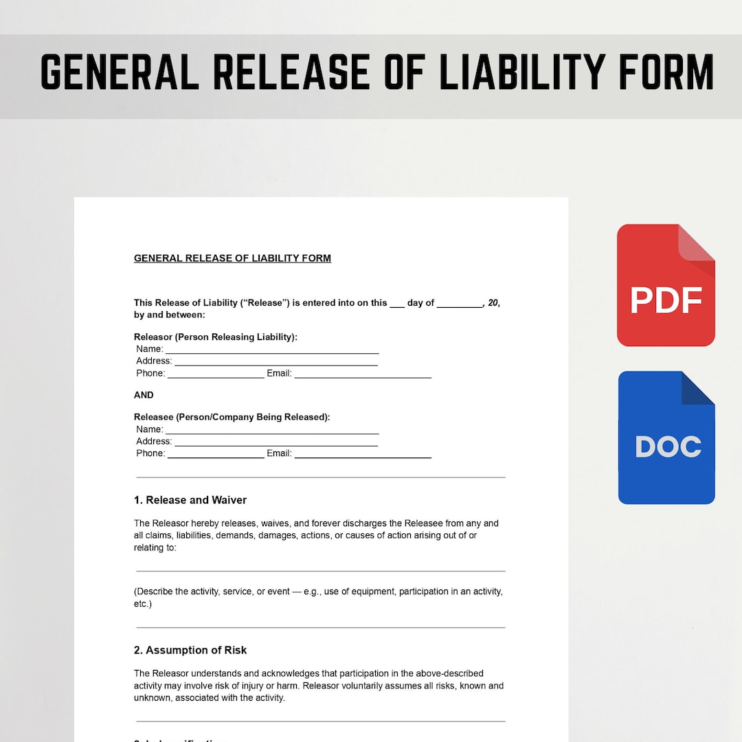 General Release of Liability Form: Editable DOC & PDF Template - Etsy