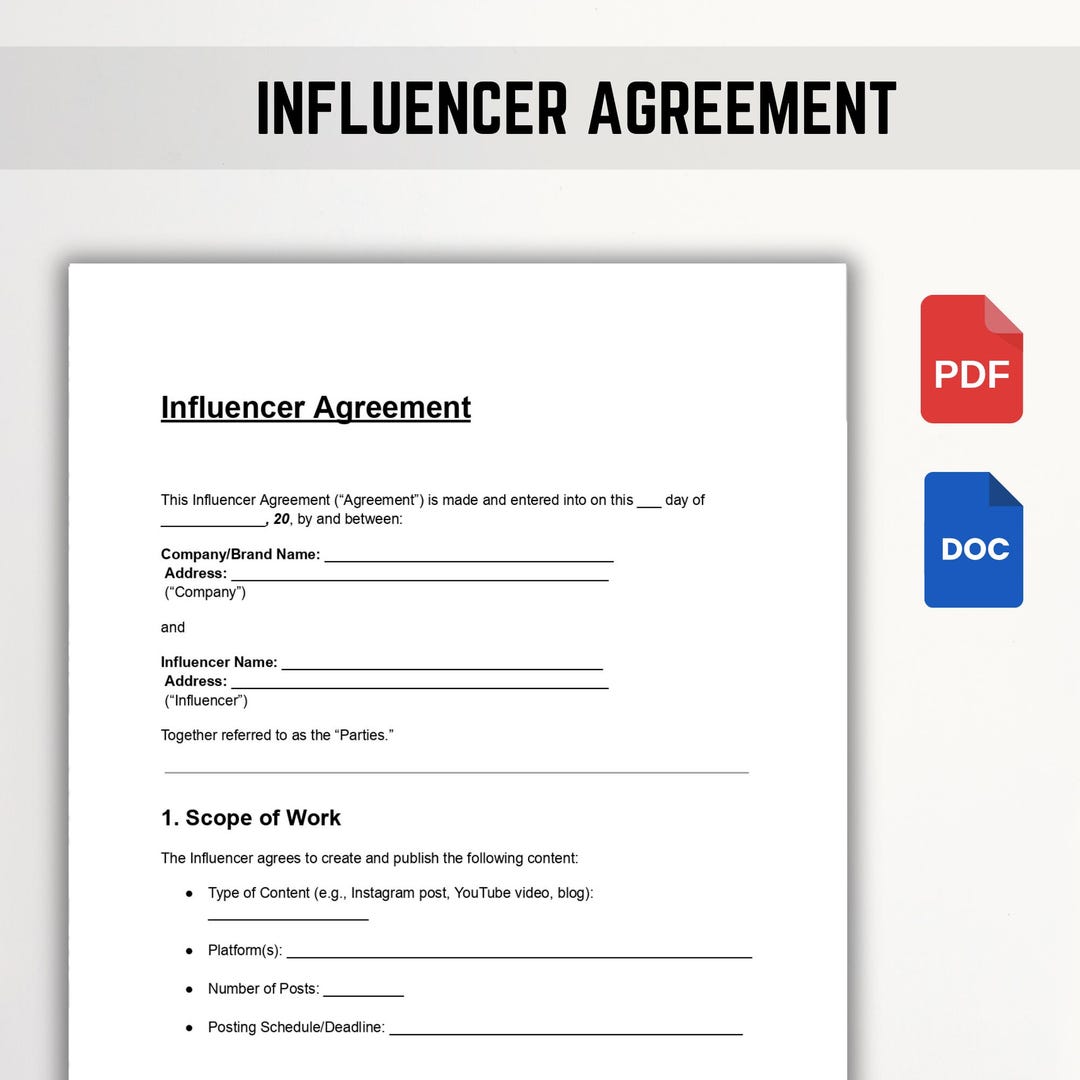 Influencer Agreement Template | Editable Contract for Brand ...