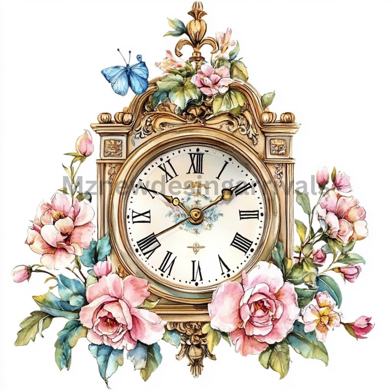 Vintage Floral Clock Watercolor Clipart: Shabby Chic Designs (10 JPG ...