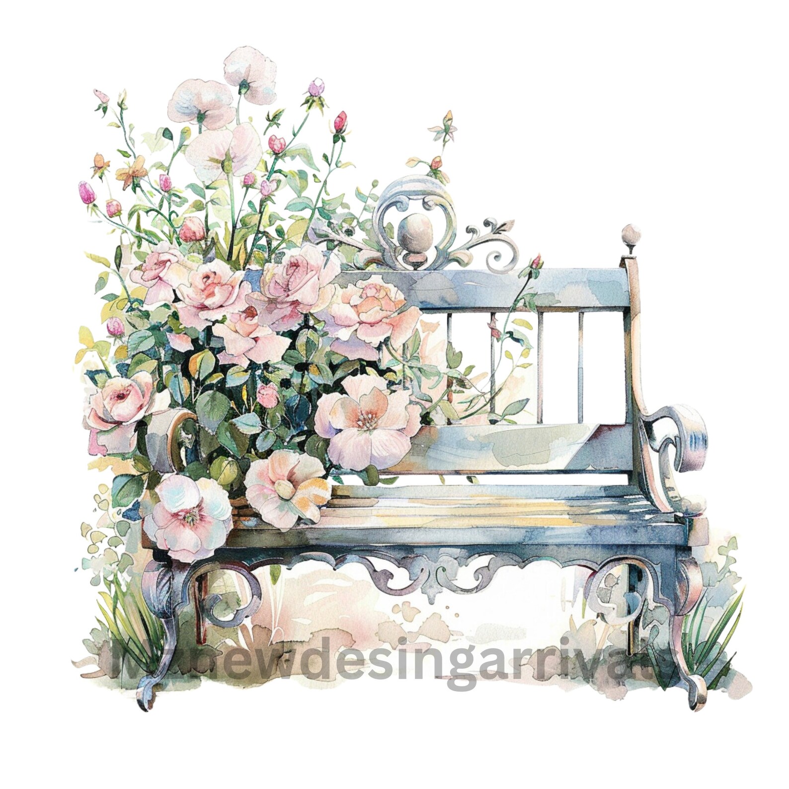15 Vintage Floral Bench Clipart, Garden Bench, Printable Watercolor ...