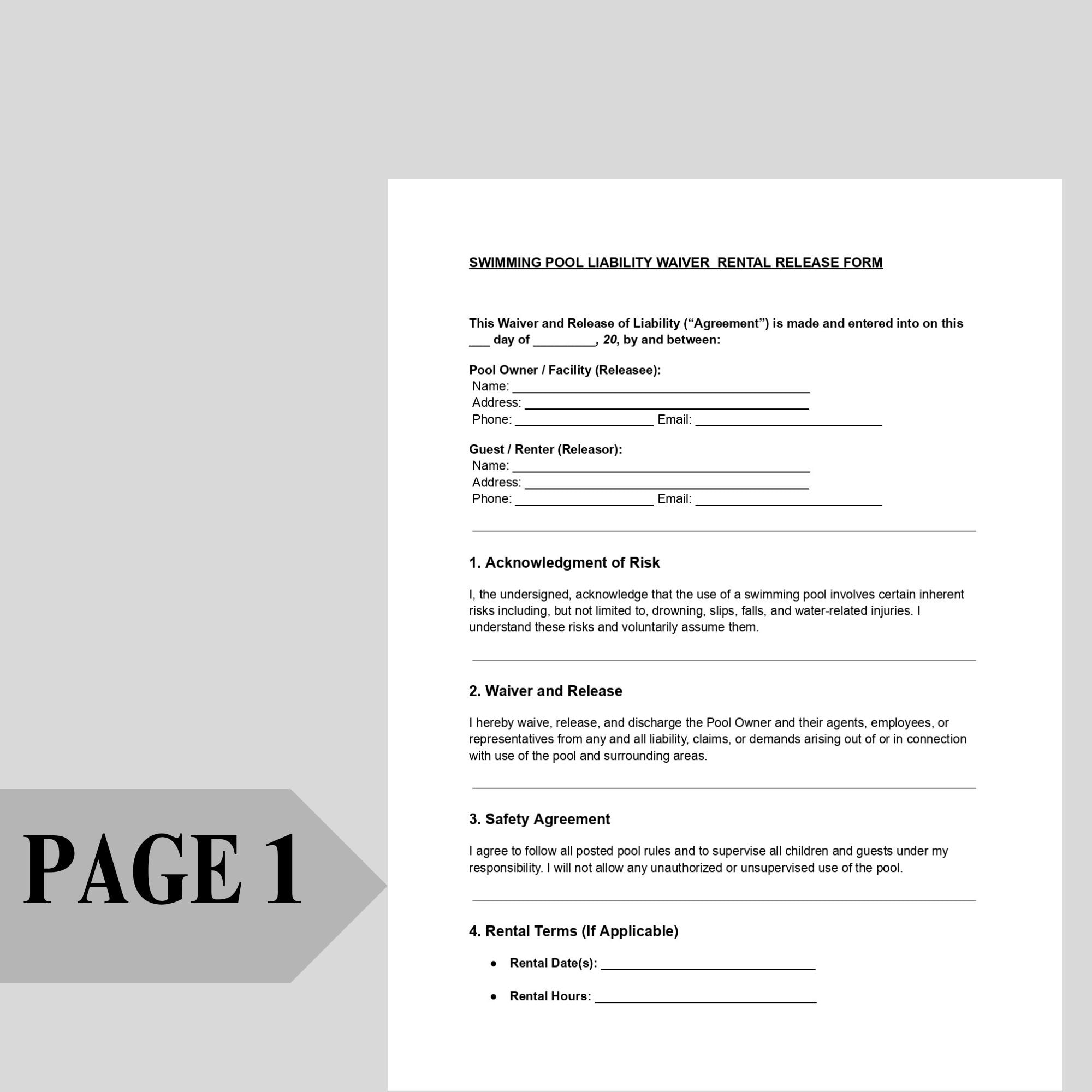 Swimming Pool Liability Waiver Template: Editable DOC & PDF Form - Etsy