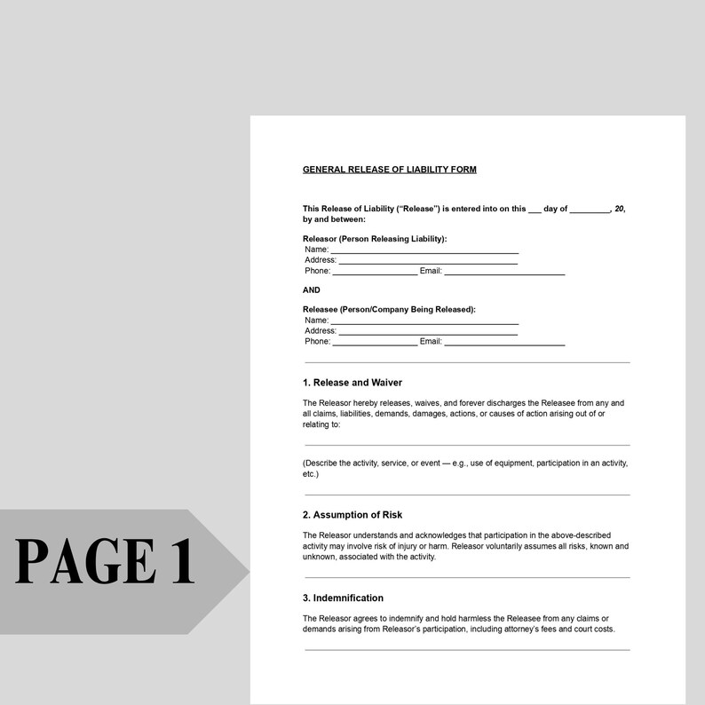 General Release of Liability Form: Editable DOC & PDF Template - Etsy
