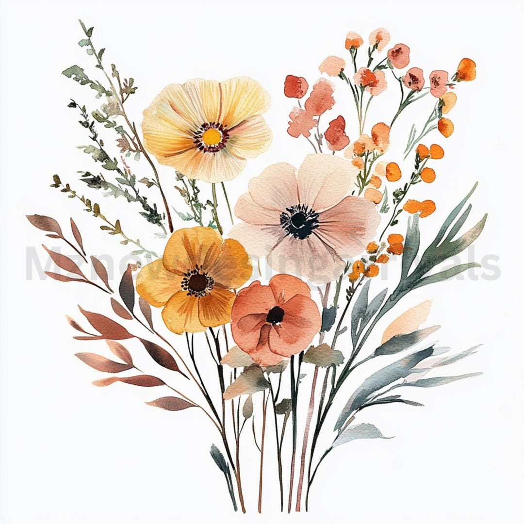 Boho Flowers Bouquet Clipart, Flowers Wall Art, Minimalistic, Printable ...