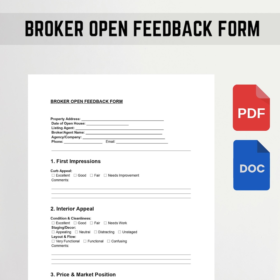 Real Estate Broker Open Feedback Form: Editable DOC, PDF Template - Etsy