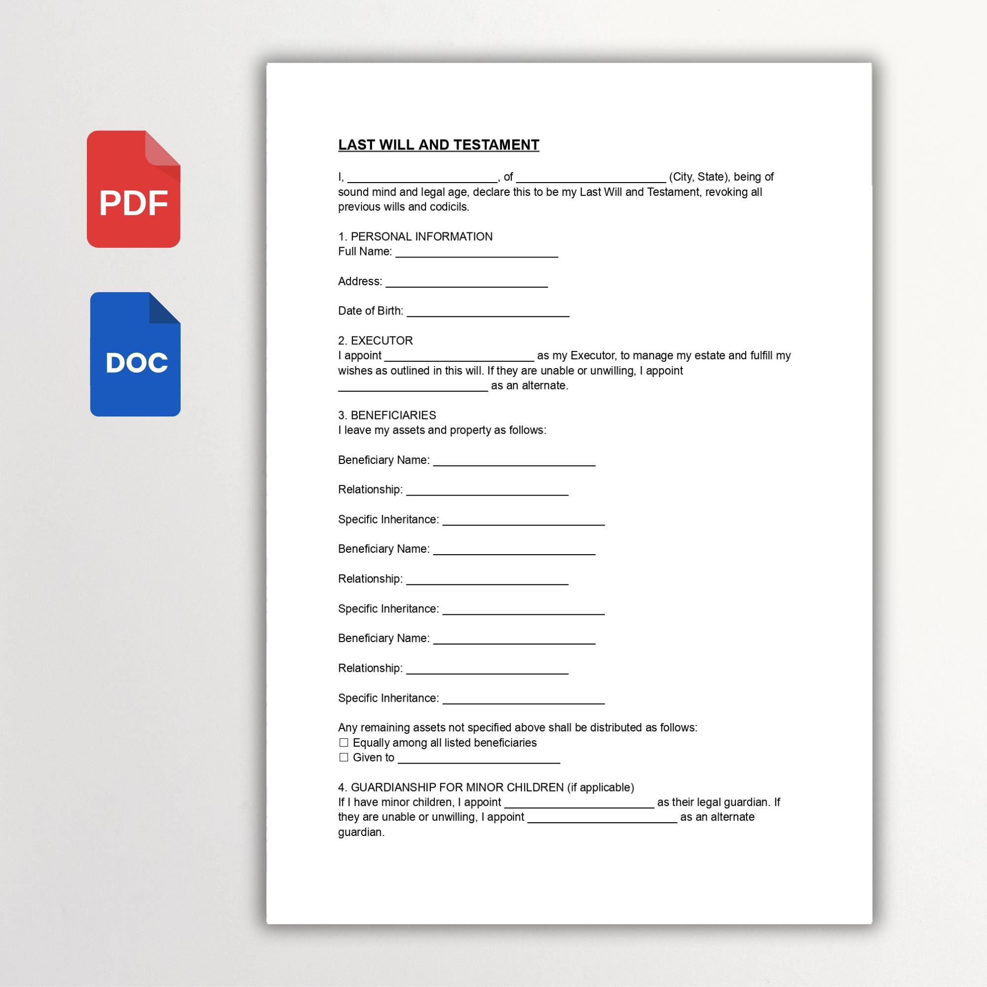 Last Will and Testament Template | Printable & Fillable Legal Will Form ...