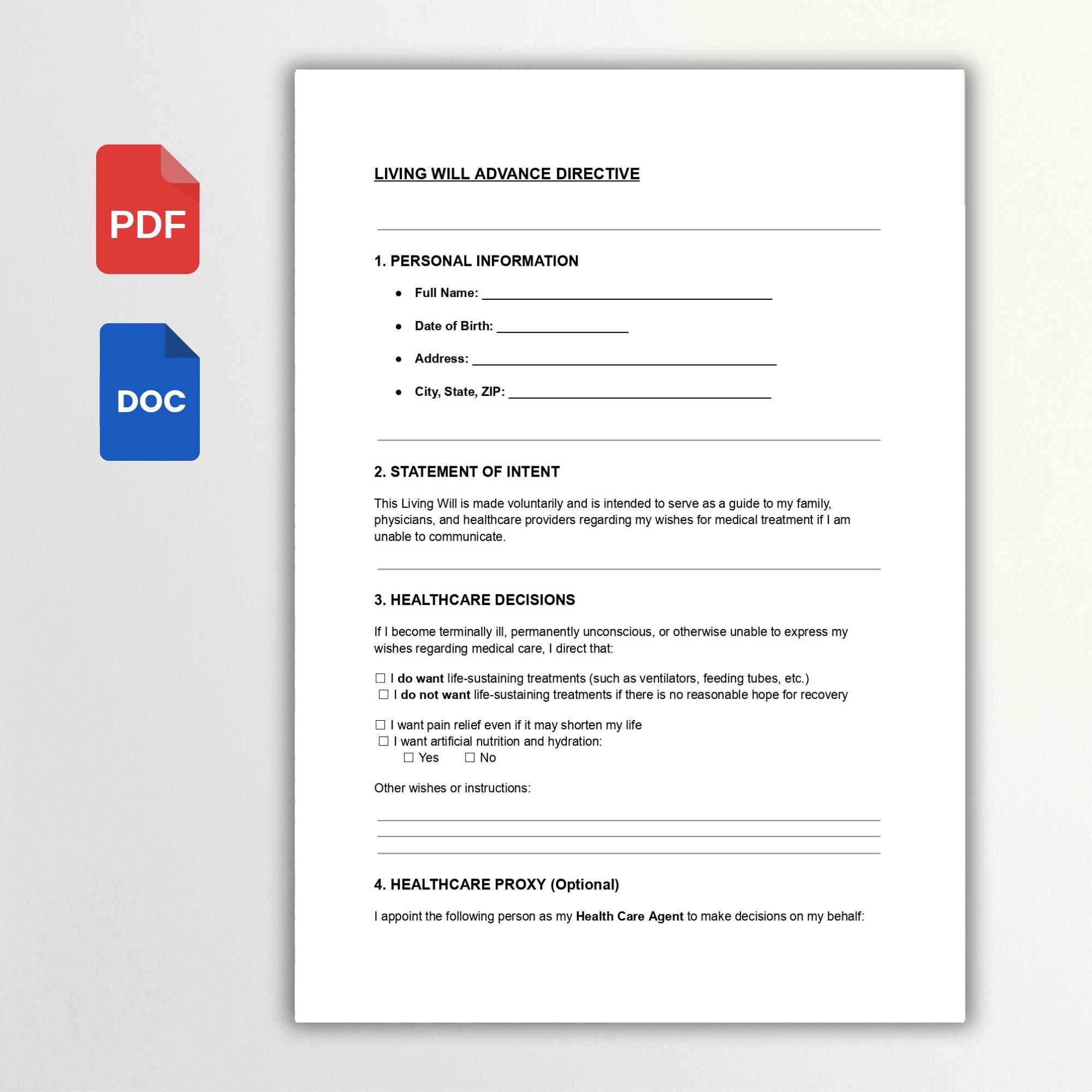 Living Will & Advance Directive Template: Editable End-of-life Document ...
