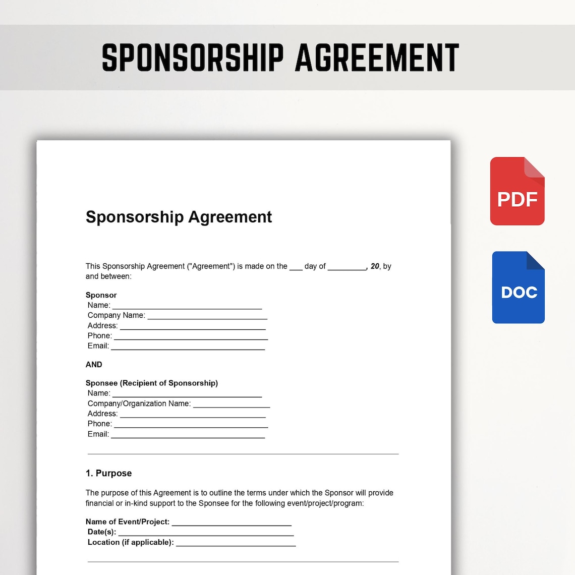 Sponsorship Agreement Template | Editable Sponsorship Contract | PDF ...