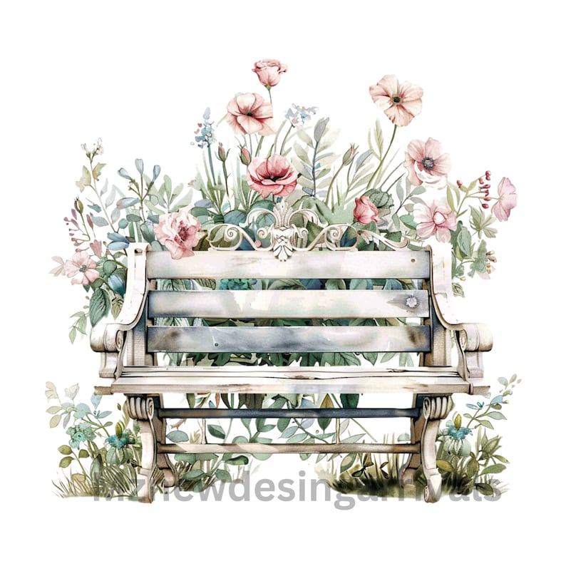15 Vintage Floral Bench Clipart, Garden Bench, Printable Watercolor ...