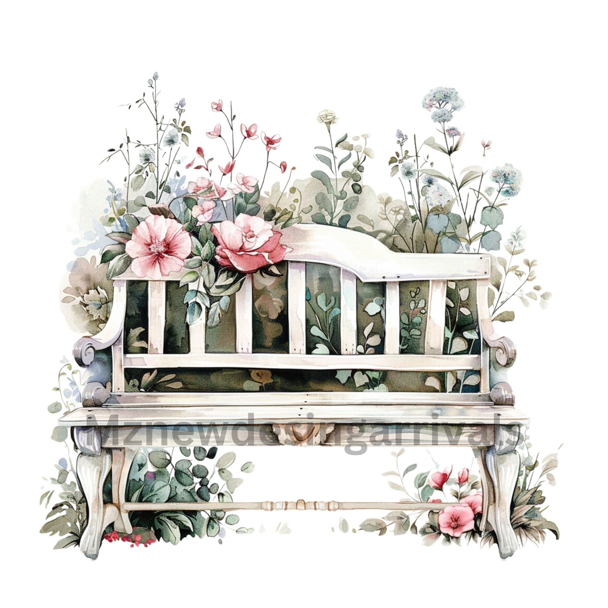 15 Vintage Floral Bench Clipart, Garden Bench, Printable Watercolor ...