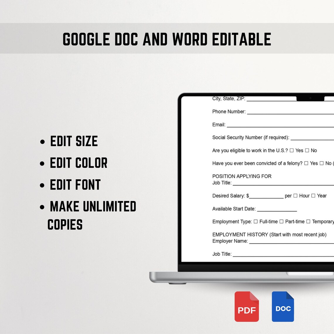 Editable Job Application Template: Printable Employment Form (PDF, DOCX ...